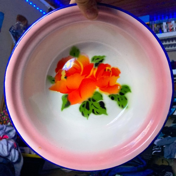 Dining | Vintage Bowl Enamelware W Orange Flowers | Poshmark